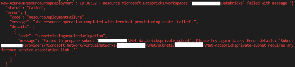 Azure Databricks Deployment And Error Subnetmissingrequireddelegation